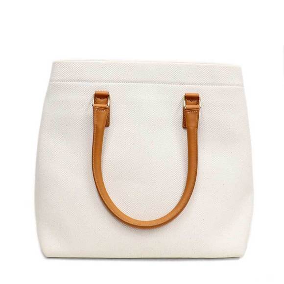 Celine | Bags | Celine Horizontal White Leather Bag Camel Tote Canvas ...